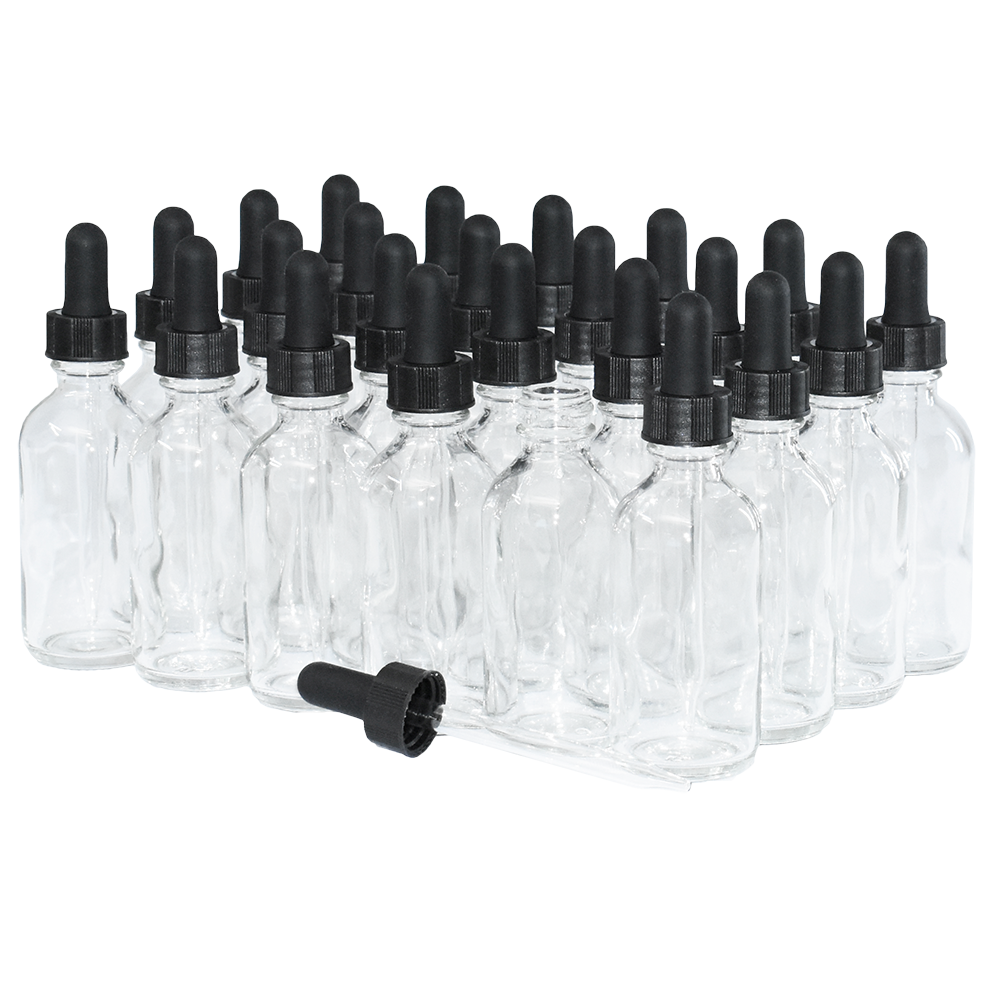 2 oz. Clear Boston Round with Large Bulb Black Glass Dropper (20/400)