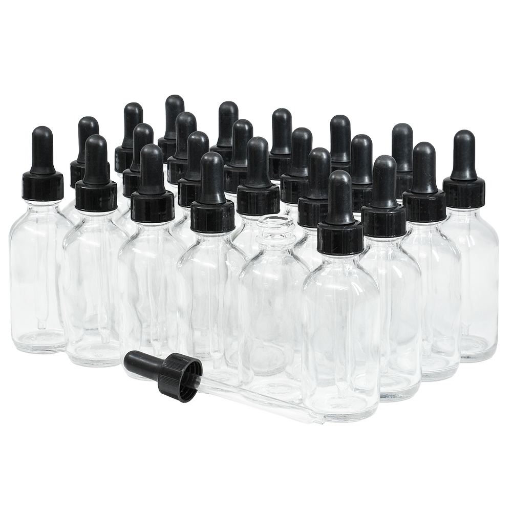 2 oz. Clear Boston Round with Large Bulb Black Glass Dropper (20/400)